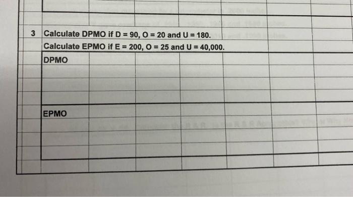 Solved 3 Calculate DPMO if D = 90, O = 20 and U = 180. | Chegg.com