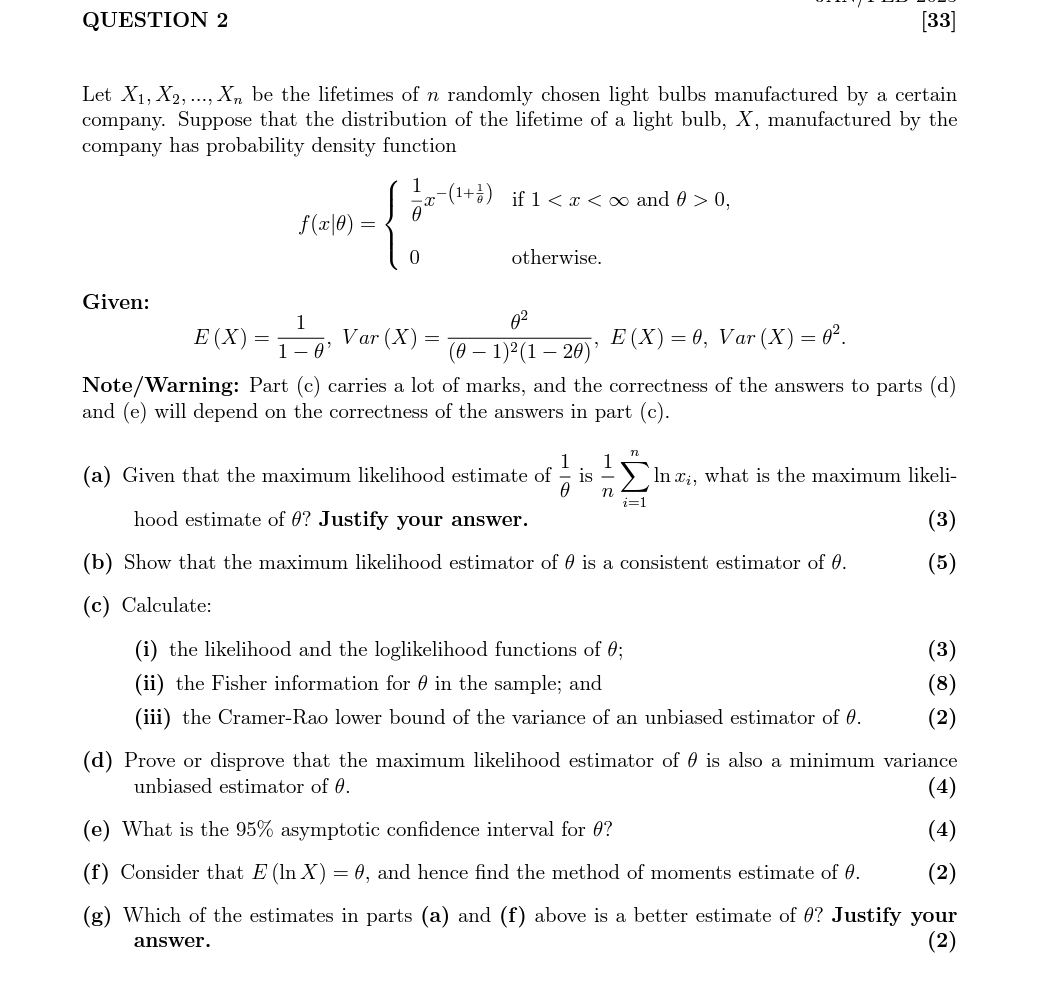 Solved QUESTION 2[33]Let x1,x2,dots,xn ﻿be the lifetimes of | Chegg.com