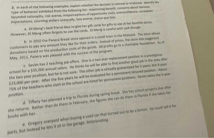 Solved 2. In each of the following examples, explain whether | Chegg.com