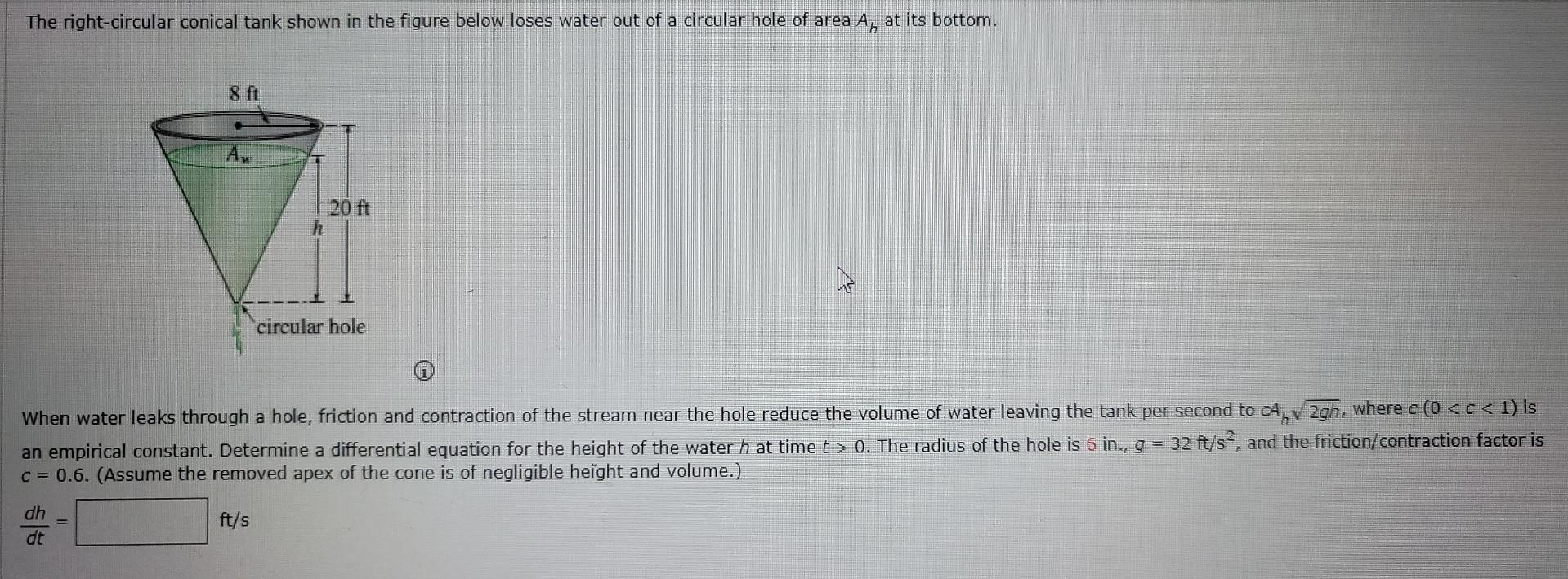 Solved The right-circular conical tank shown in the figure | Chegg.com