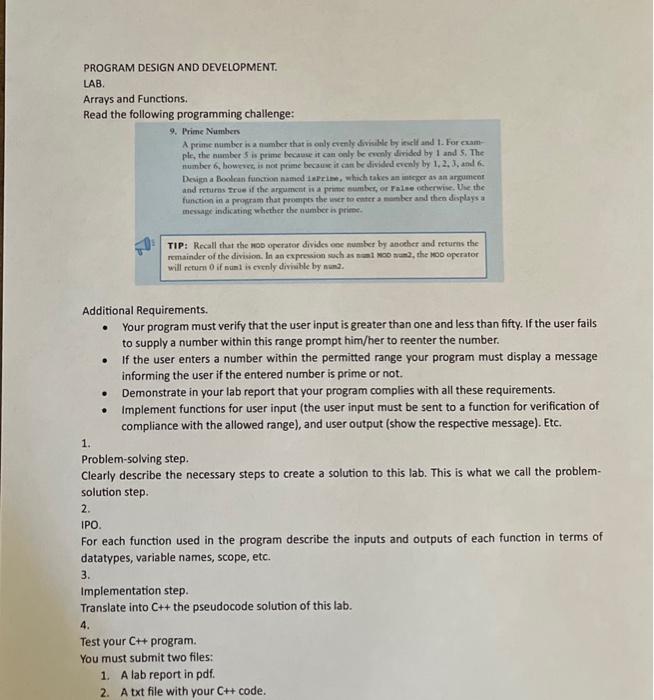 Solved PROGRAM DESIGN AND DEVELOPMENT. LAB. Arrays and | Chegg.com