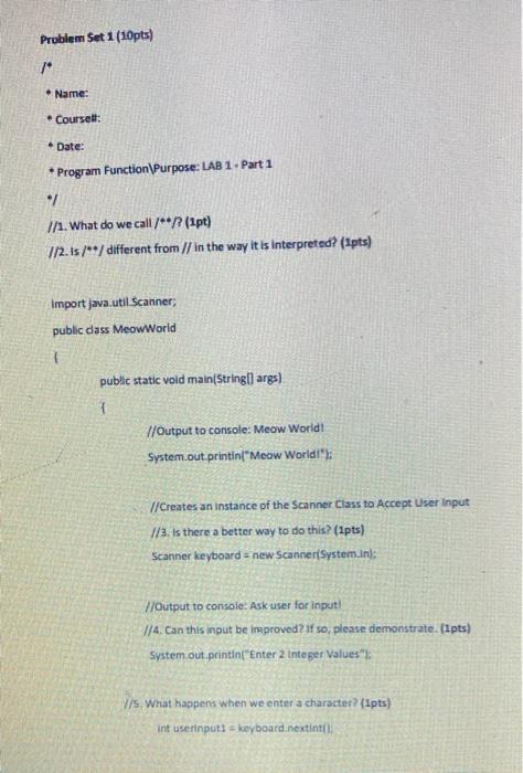 Solved Problem Set 1 (10pts) I4 - Name: - Courselt: - Date: | Chegg.com