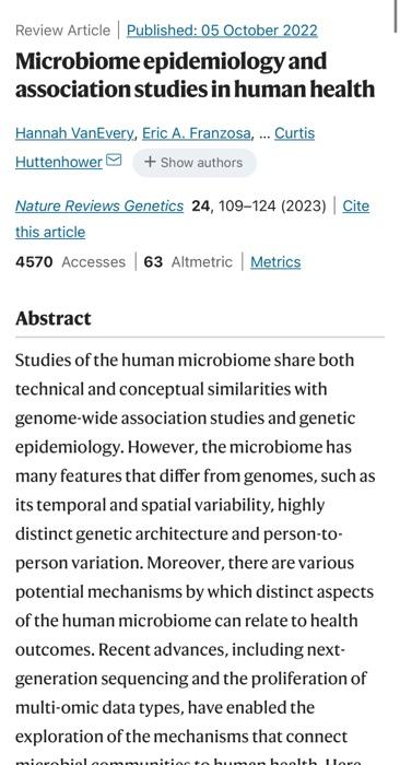 Solved the article name is microbiome epidermiology and | Chegg.com