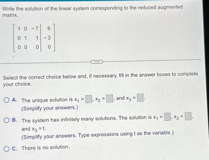 Solved Write the solution of the linear system corresponding | Chegg.com