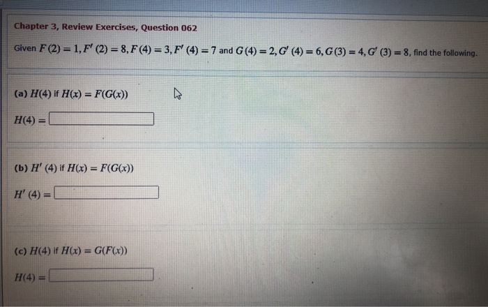 Solved Chapter 3, Review Exercises, Question 062 Given F (2) | Chegg.com