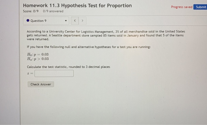 Solved Homework 11.3 Hypothesis Test for Proportion Score: | Chegg.com