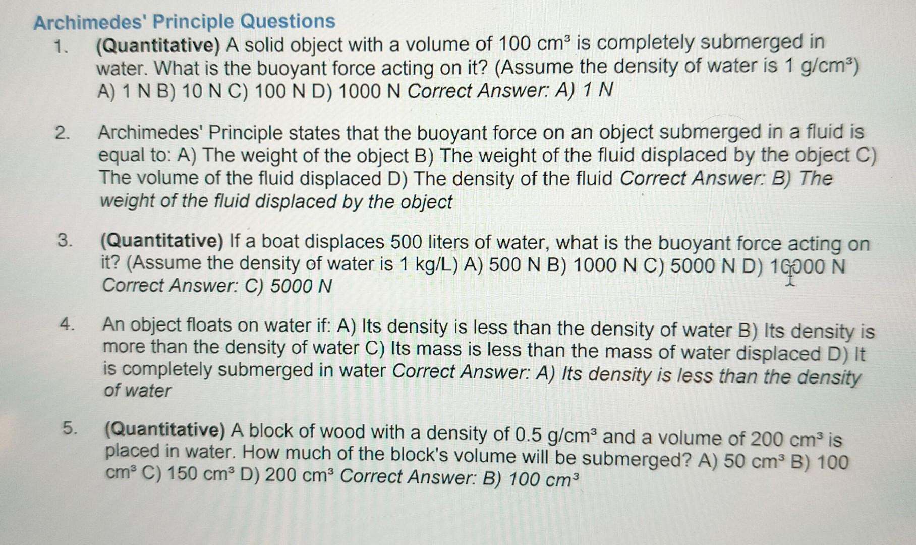 Solved Archimedes' Principle Questions 1. (Quantitative) A | Chegg.com