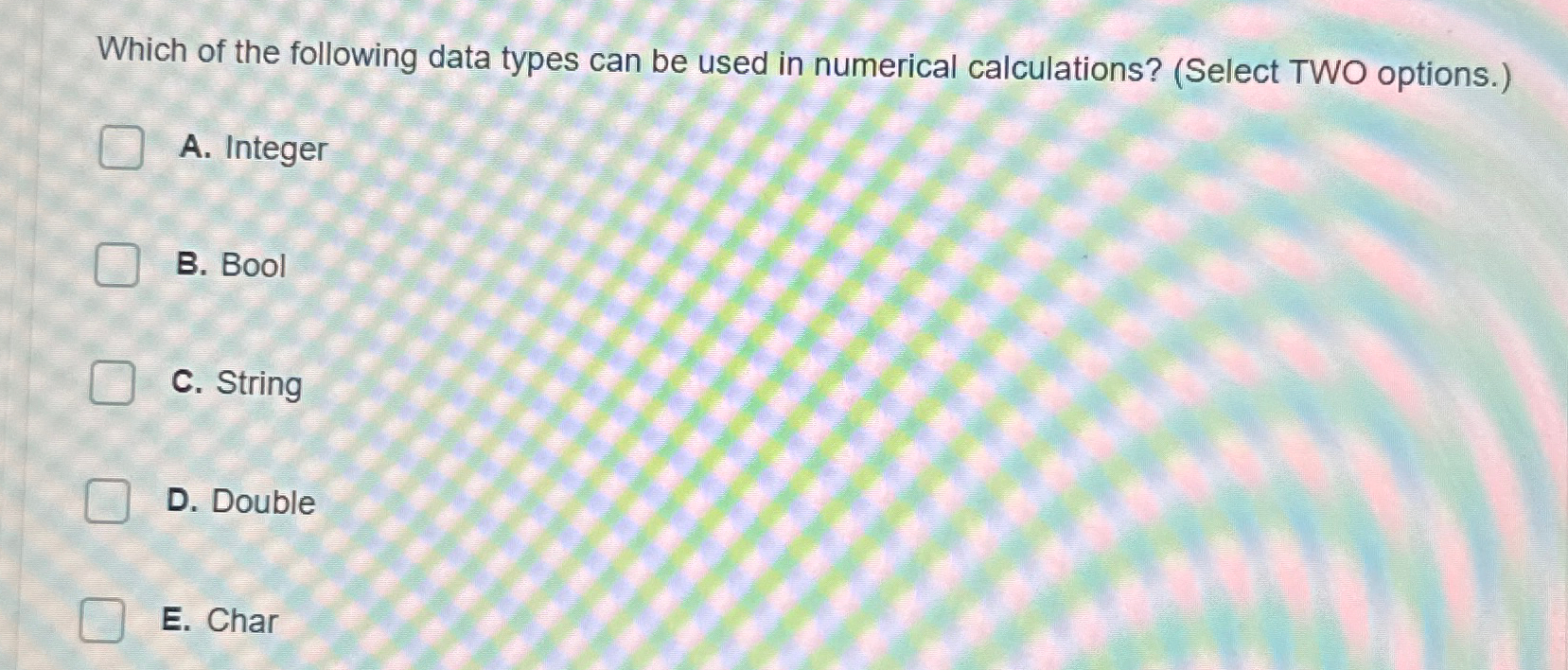 Solved Which of the following data types can be used in | Chegg.com