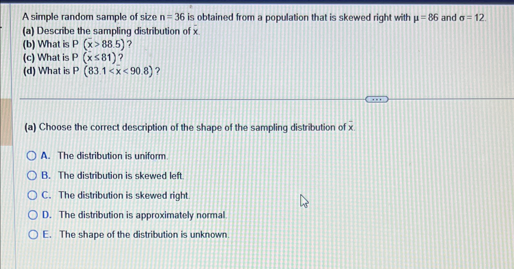 Solved A simple random sample of size n=36 ﻿is obtained from | Chegg.com