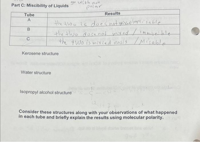 Solved Part C: Miscibility of Liquids go with non Kerosene | Chegg.com