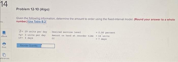 Solved 14 Problem 12-10 (Algo) Given the following | Chegg.com