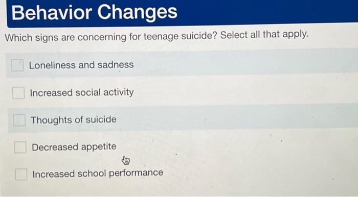 Solved Behavior Changes Which signs are concerning for | Chegg.com