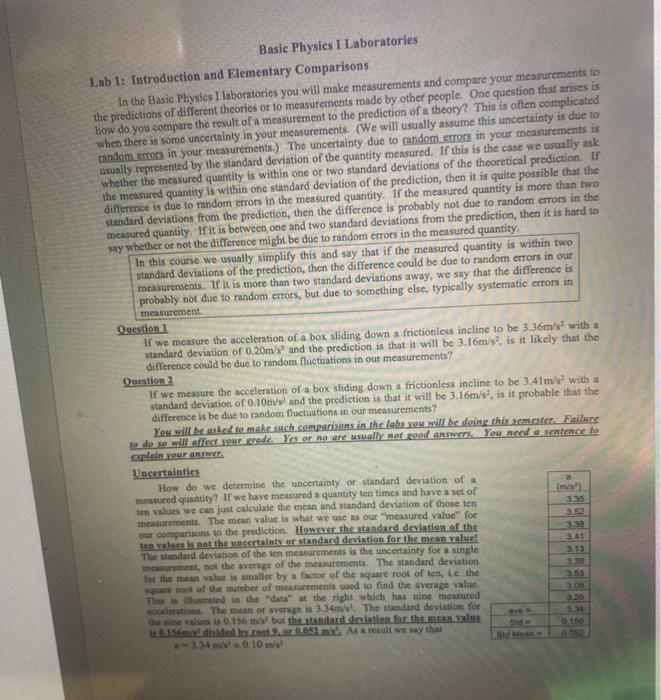 Solved Basic Physics I Laboratories Lab 1: Introduction and | Chegg.com