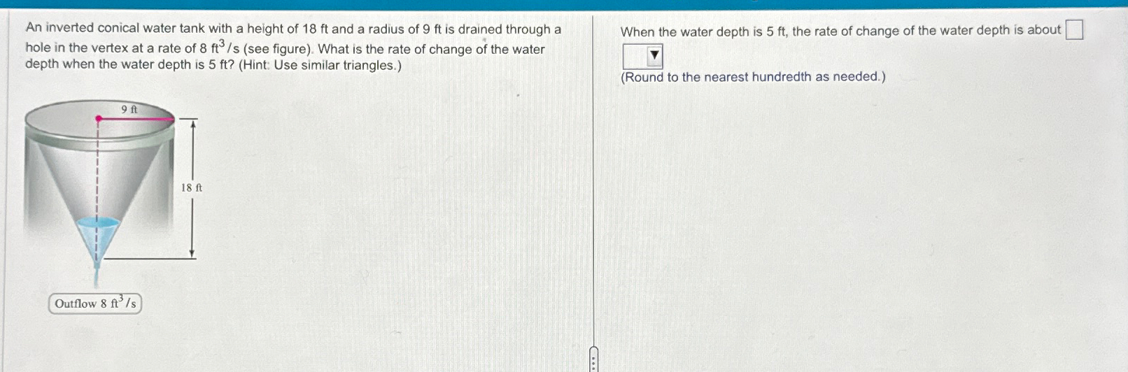 Solved An inverted conical water tank with a height of 18ft | Chegg.com