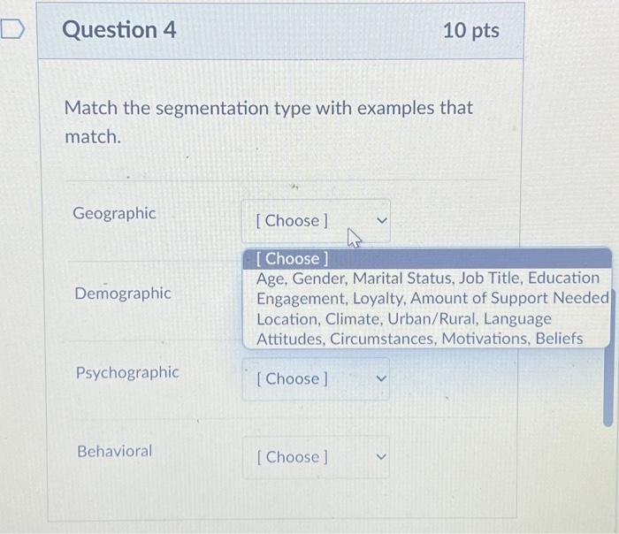 Match the segmentation type with examples that match. | Chegg.com