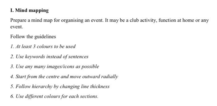 Solved I. Mind mapping Prepare a mind map for organising an | Chegg.com