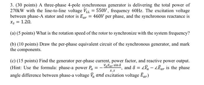 Solved 3. (30 points) A three-phase 4-pole synchronous | Chegg.com