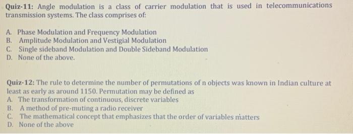 Quiz-11: Angle modulation is a class of carrier | Chegg.com