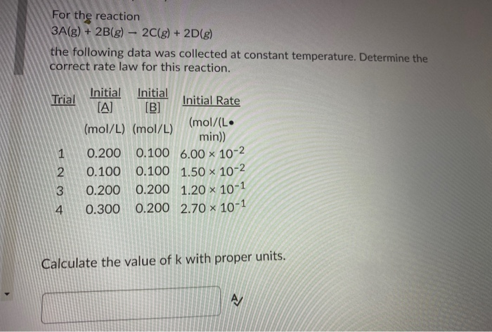 Solved For the reaction 3A(g) + 2B(g) - 2C(g) + 2D(g) the | Chegg.com