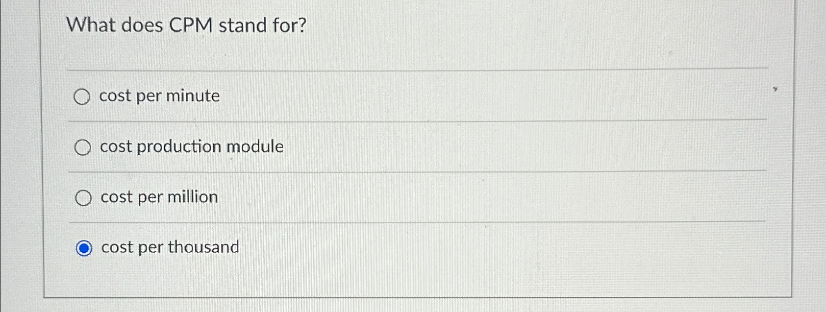 Solved What does CPM stand for?cost per minutecost | Chegg.com