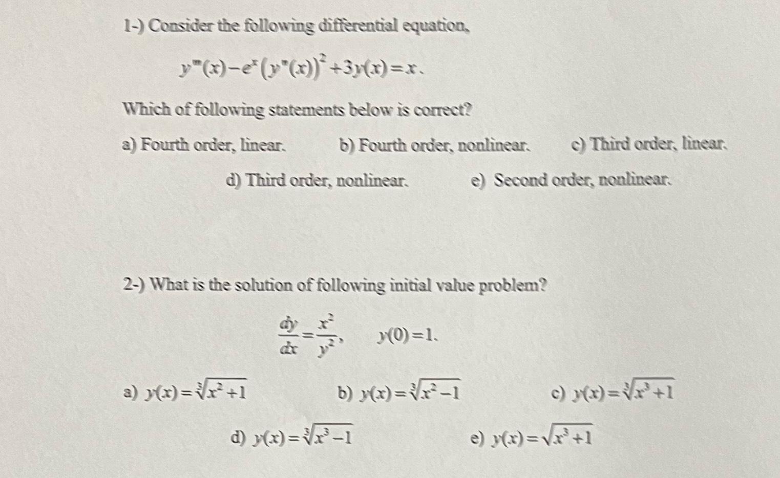 Solved 1-) ﻿Consider the following differential | Chegg.com