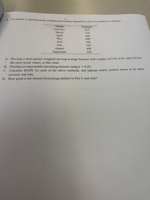 Solved 2. (10 points) A munufacturing cerrepany has nsoathly | Chegg.com