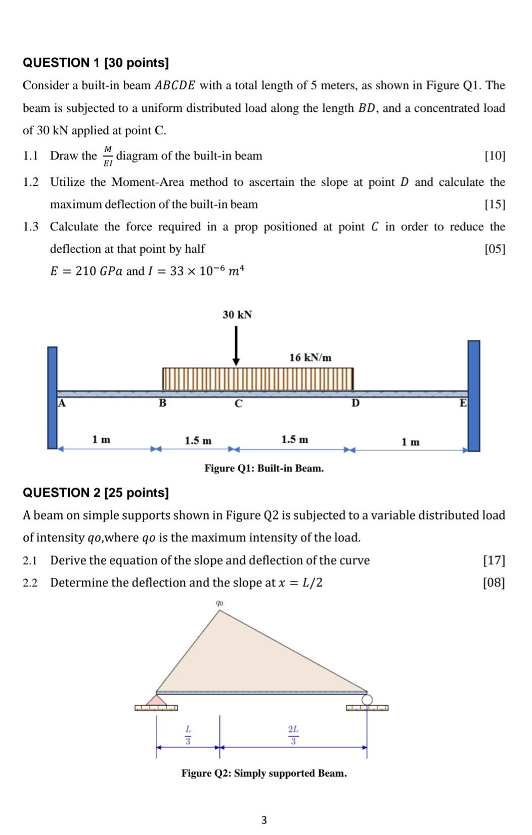 QUESTION 1 [30 points] Consider a built-in beam ABCDE | Chegg.com