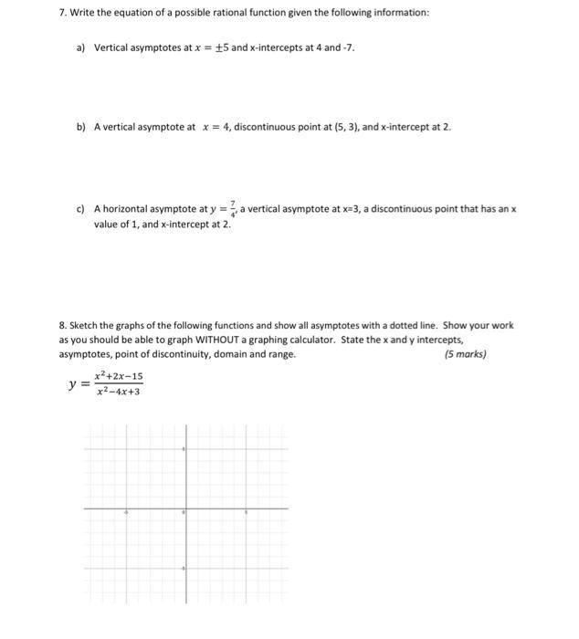 Solved 7. Write the equation of a possible rational function | Chegg.com