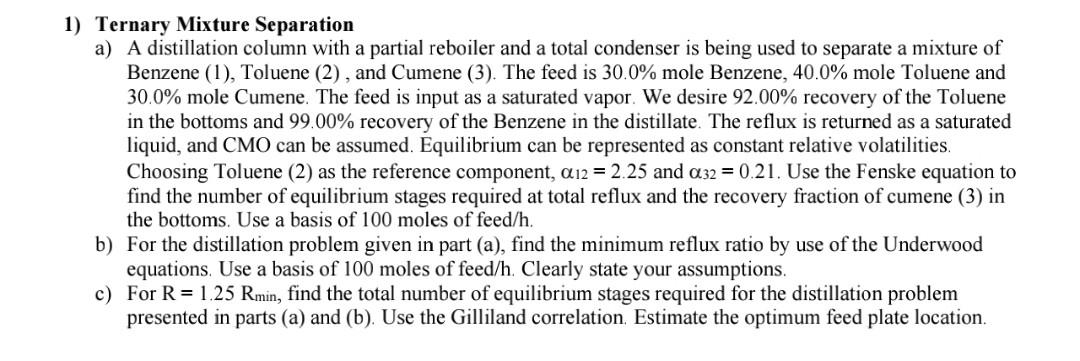 Solved 1 Ternary Mixture Separation A A Distillation