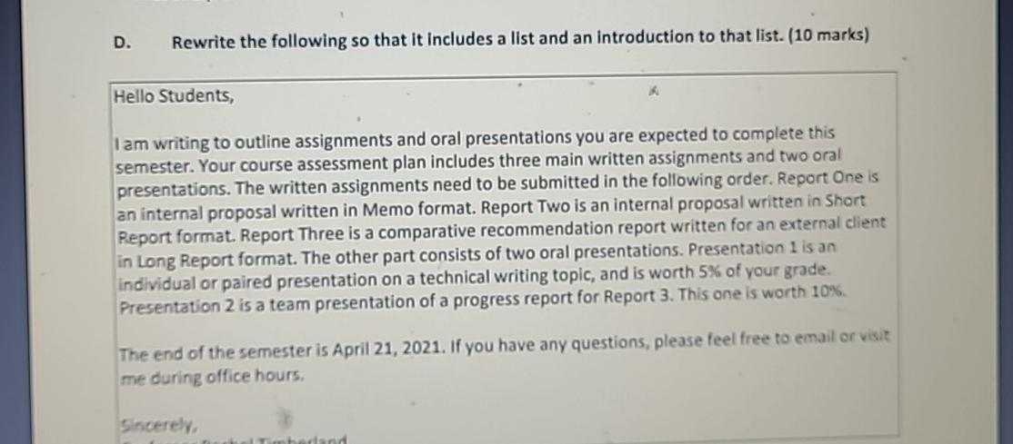 Solved D. ﻿Rewrite the following so that it includes a list | Chegg.com