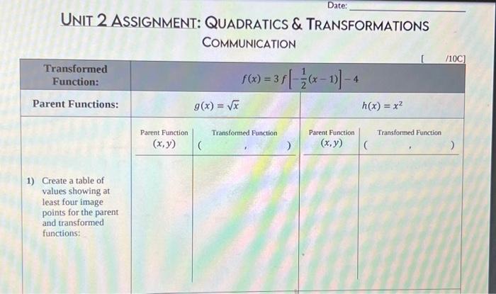 Solved UNIT 2 ASSIGNMENT: QUADRATICS \\& TRANSFORMATIONS | Chegg.com