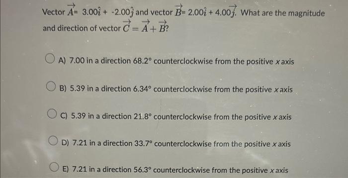 Solved Vector A=3.00i^+−2.00j^ and vector B=2.00i^+4.00j. | Chegg.com