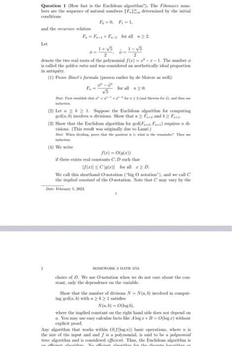 Solved Question 1 (How fast is the Euclidean algorithan?). | Chegg.com