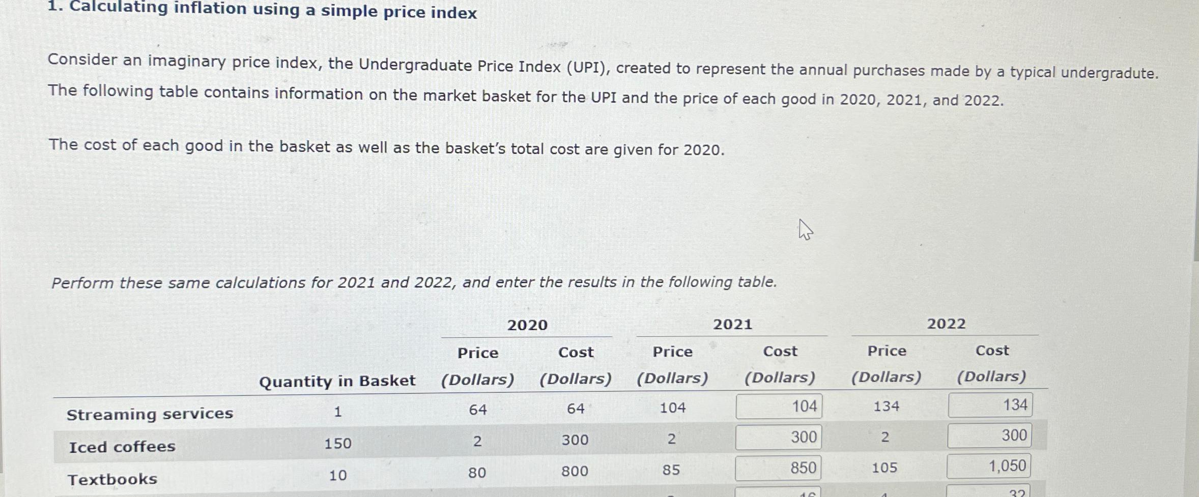 Calculating inflation using a simple price | Chegg.com