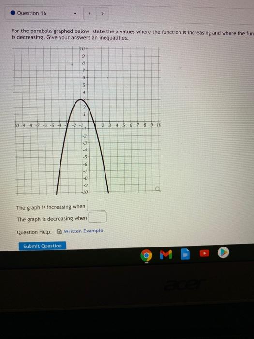 Solved Question 16 > For the parabola graphed below, state | Chegg.com