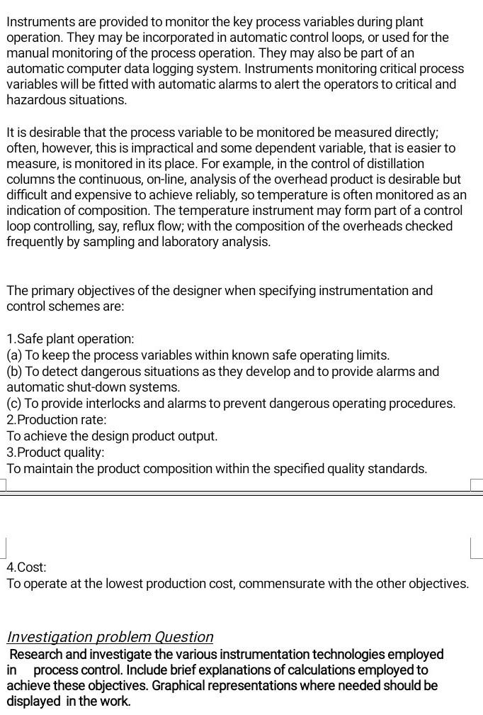 Solved Instruments are provided to monitor the key process | Chegg.com