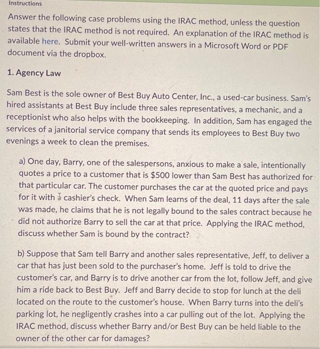 Solved Answer the following case problems using the IRAC | Chegg.com