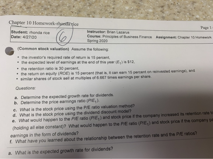 Solved Chapter 10 Homework-rhonda rice Page 1 Student: | Chegg.com