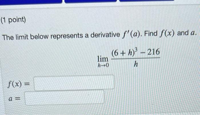 Solved The limit below represents a derivative f′(a). Find | Chegg.com