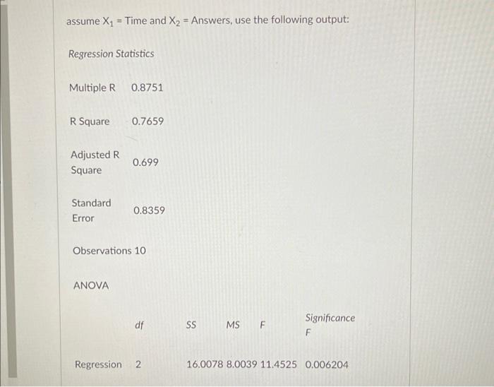 Solved assume X1= Time and X2= Answers, use the following | Chegg.com