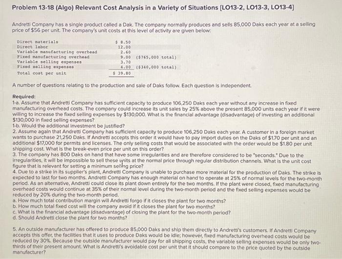 Solved Problem 13-18 (Algo) Relevant Cost Analysis in a | Chegg.com