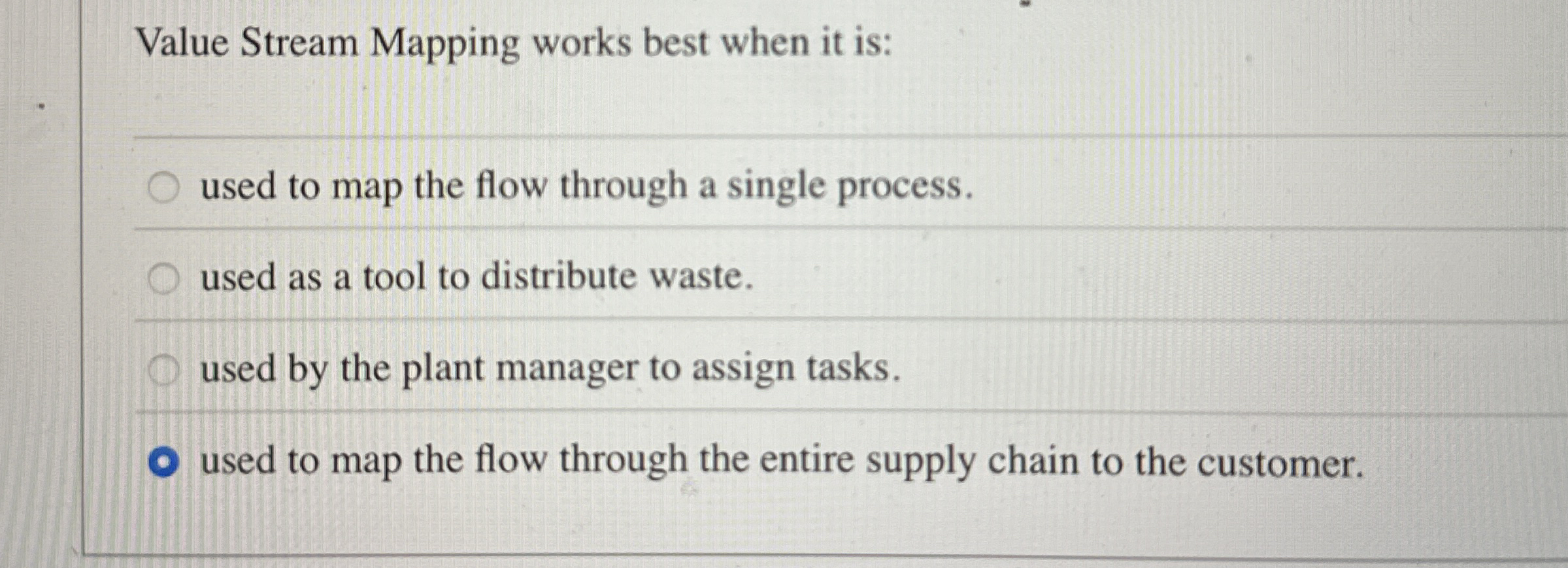 Solved Value Stream Mapping works best when it is:used to | Chegg.com