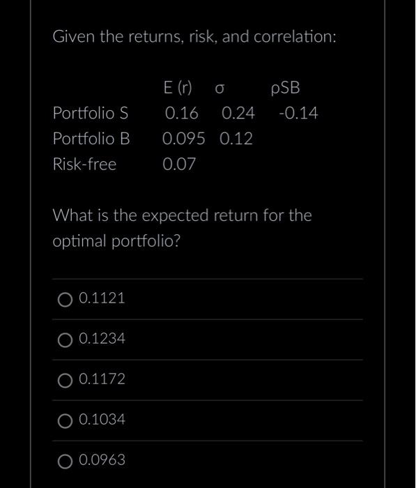 Solved Given the returns, risk, and correlation: What is the | Chegg.com