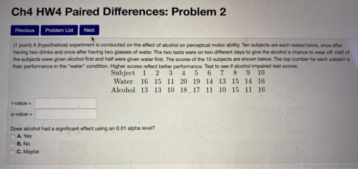 Solved Ch4 HW4 Paired Differences: Problem 2 Problem List | Chegg.com