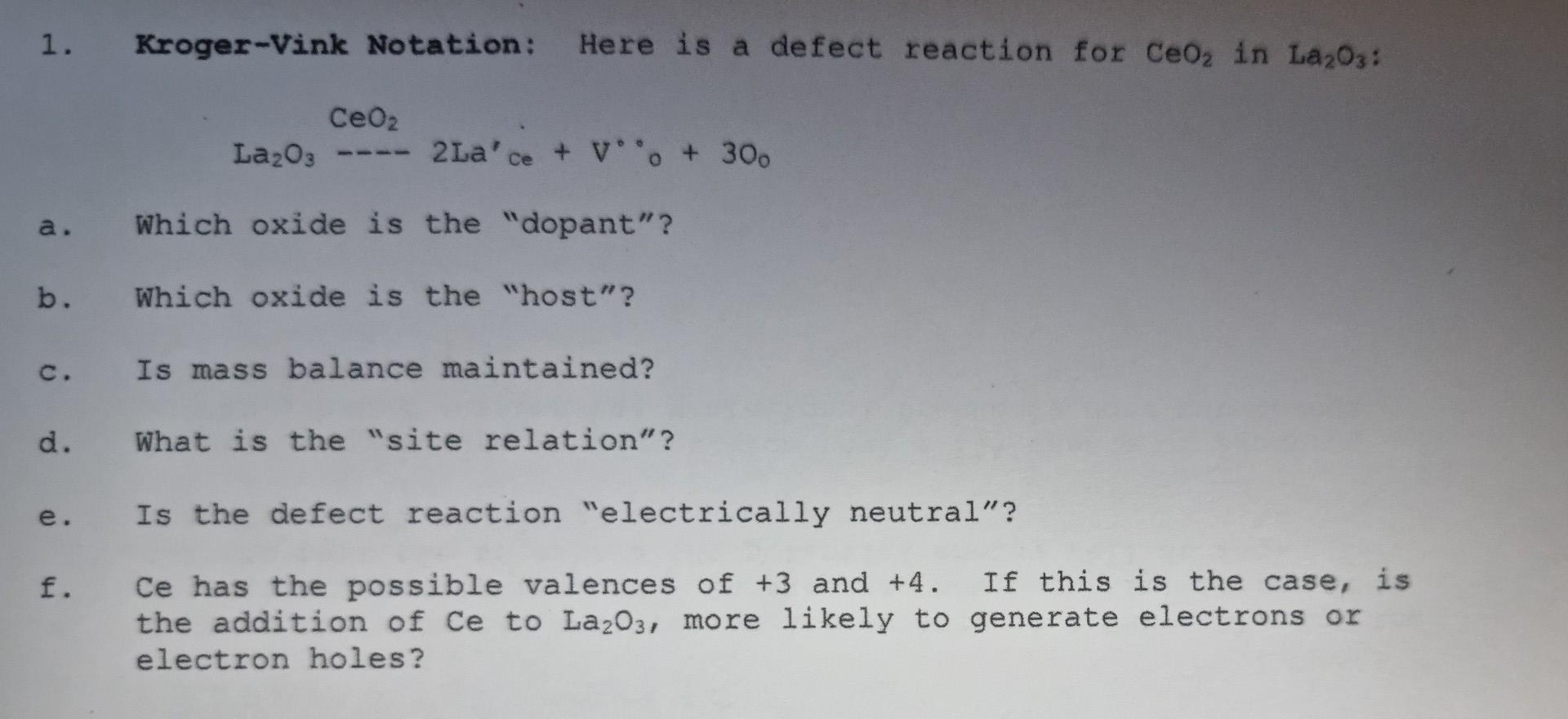 Solved 1. Kroger-Vink Notation: Here is a defect reaction | Chegg.com