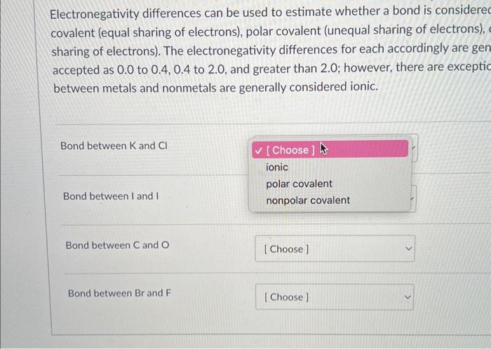 Solved Using the given table of electronegativity values, | Chegg.com