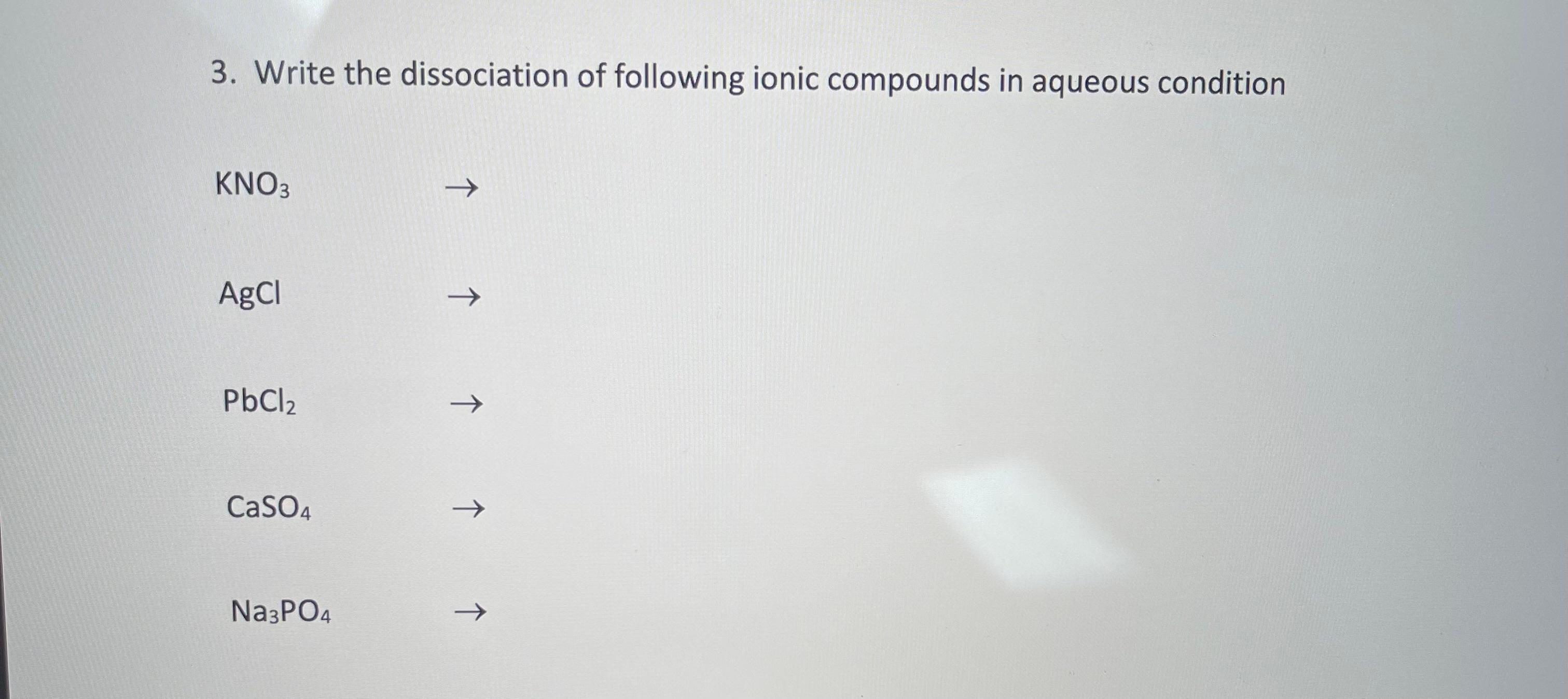 Solved Write the dissociation of following ionic compounds | Chegg.com