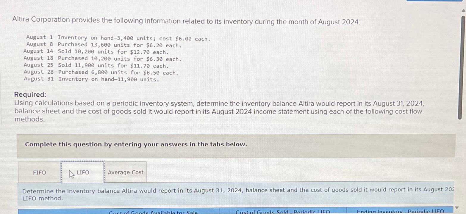 Solved Altira Corporation provides the following information | Chegg.com