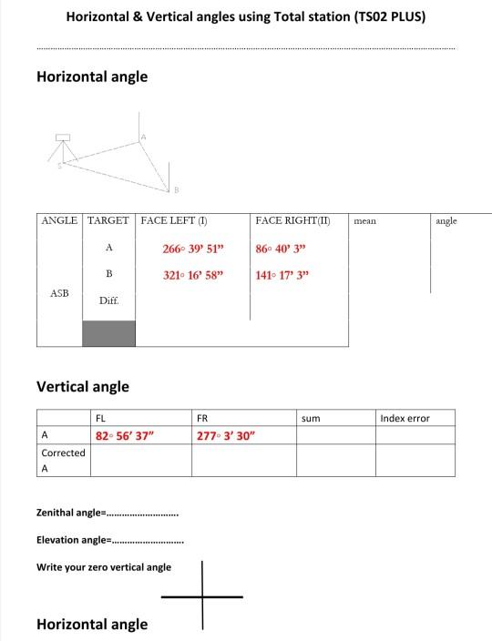 Horizontal & Vertical angles using Total station | Chegg.com