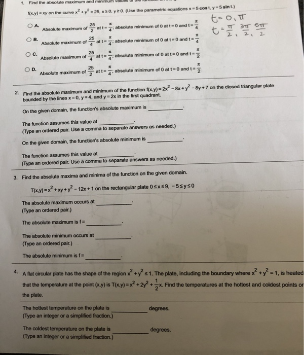 Solved 1. Find the absolute maximum and minimum Values OA. | Chegg.com